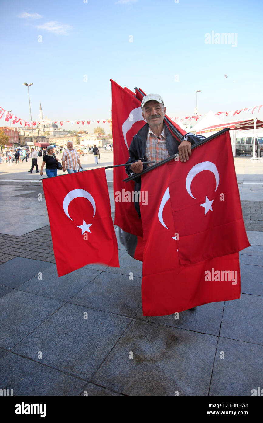 salesman with flags of Turkey on a square, Turkey, Istanbul Stock Photo ...