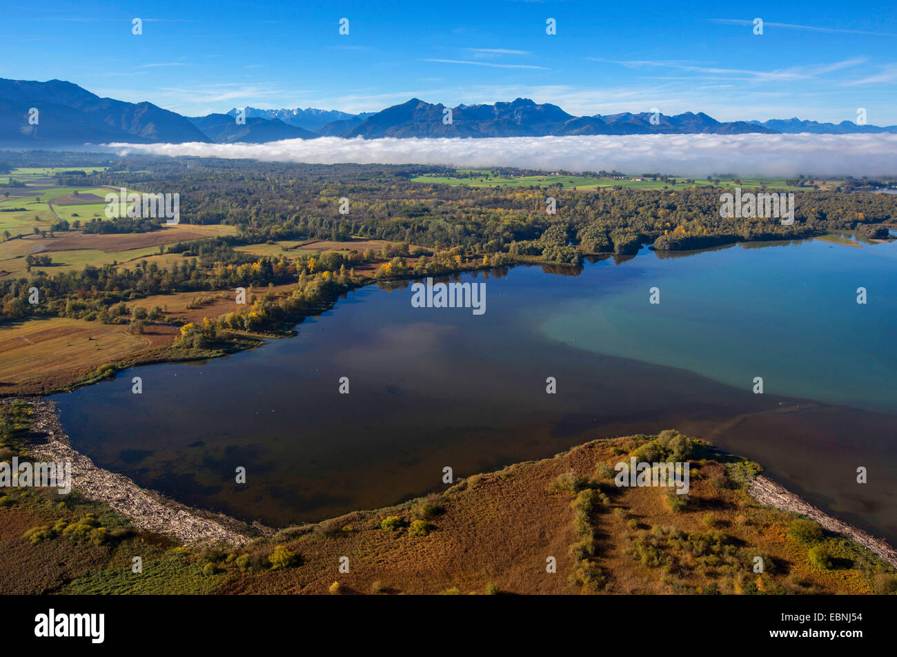 aerial view to Lake Chiemsee and driftwood in Hirschau bay, Achendelta ...