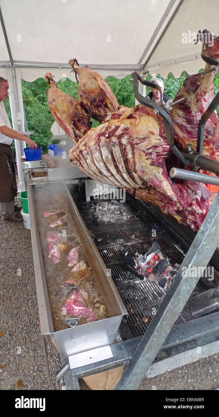 bull roasting on a skewer of a professional grill Stock Photo - Alamy