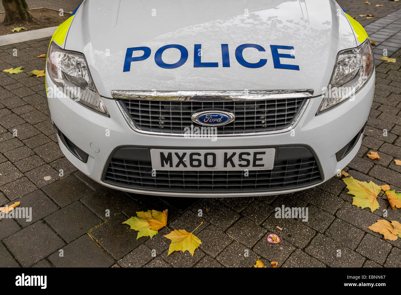 The front end of a British Police Car, showing the words POLICE ...