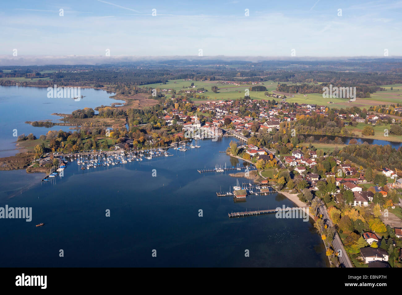 aerial view to Lake Chiemsee with Seebruck, marina and Alz river mouth ...