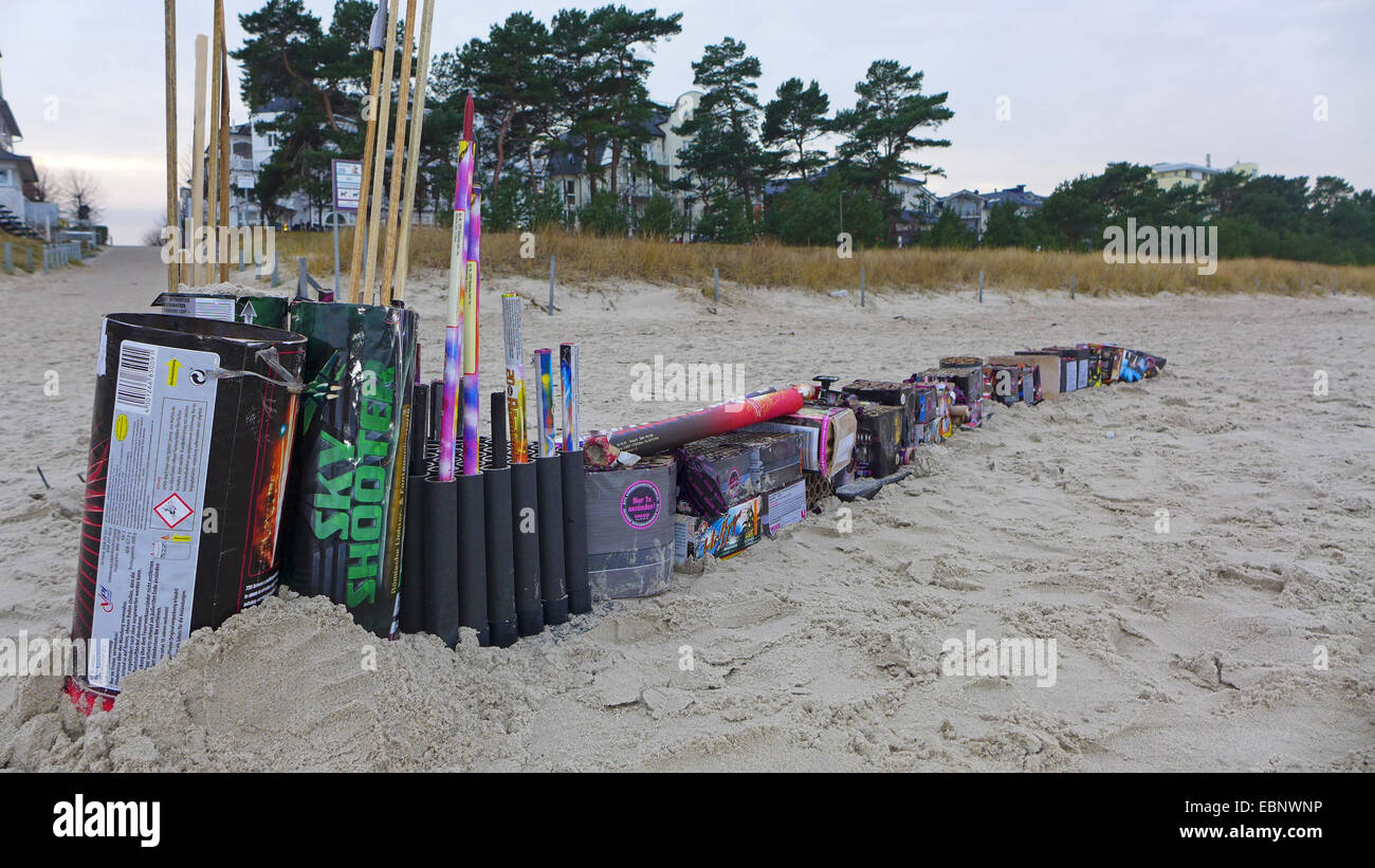 lined up Sylvester trash at the New Year's Day on the beach, Germany ...