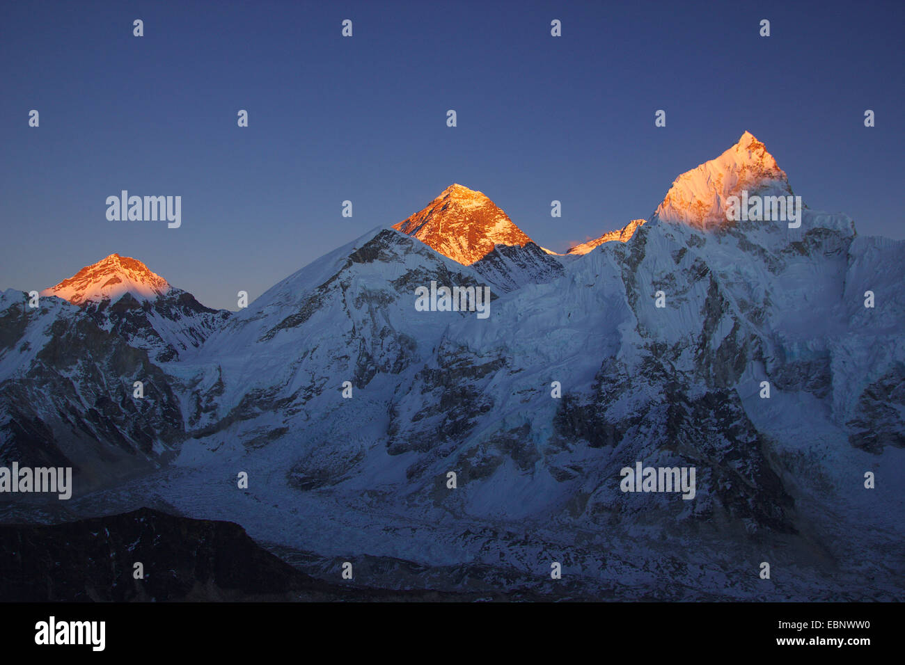 Changtse, Mount Everest and Nuptse in evening light. View from Kala ...