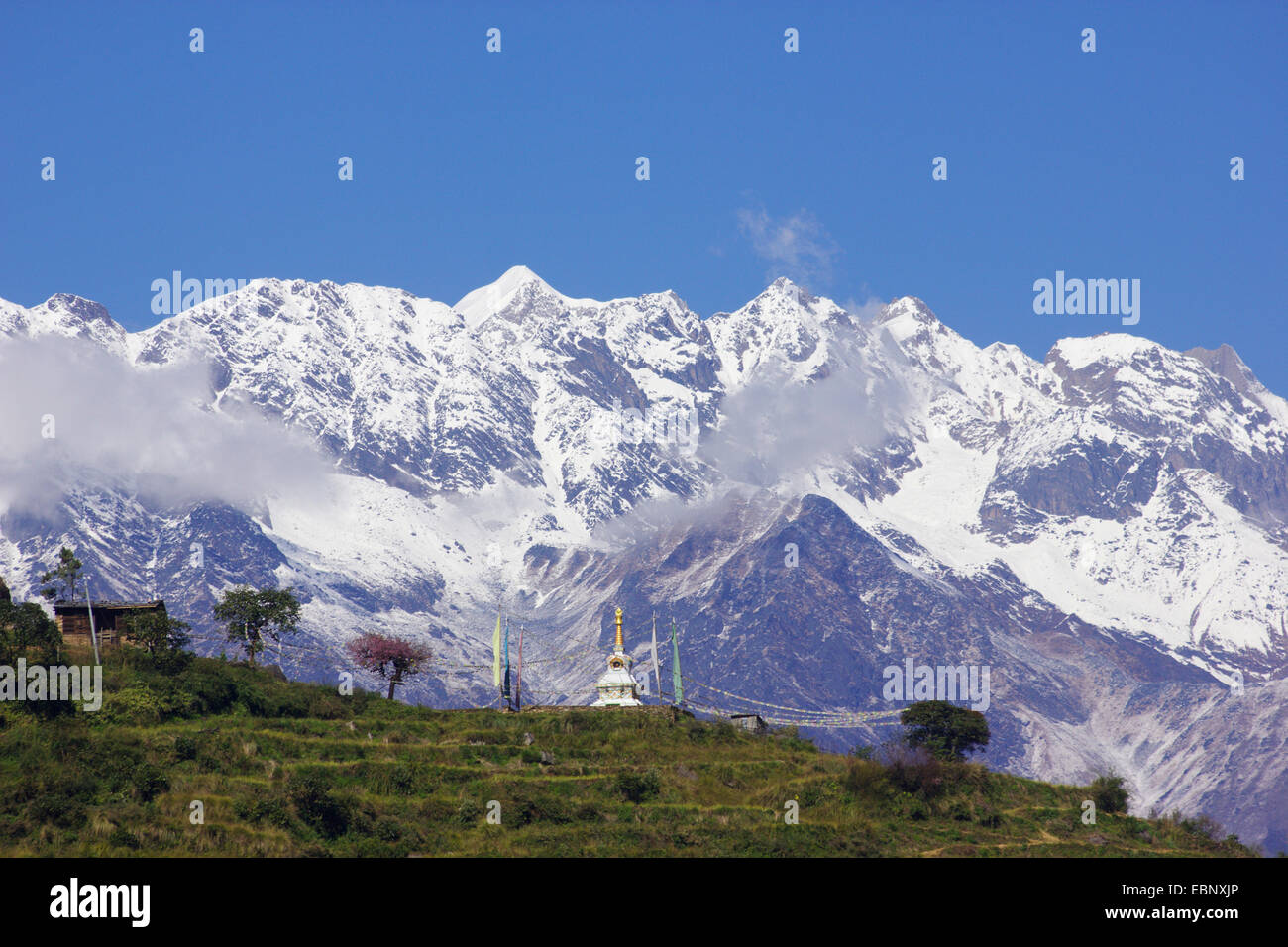 stupa at Thulo Syabru (Langtang.Himal), in the background part of the ...