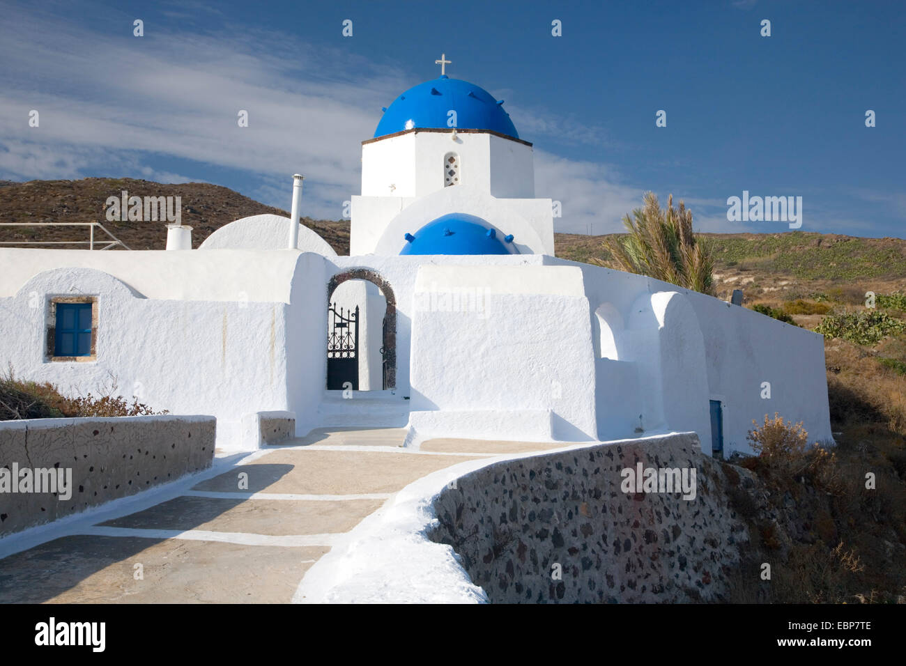 Pori, Santorini, South Aegean, Greece. Typical blue-domed church in a ...