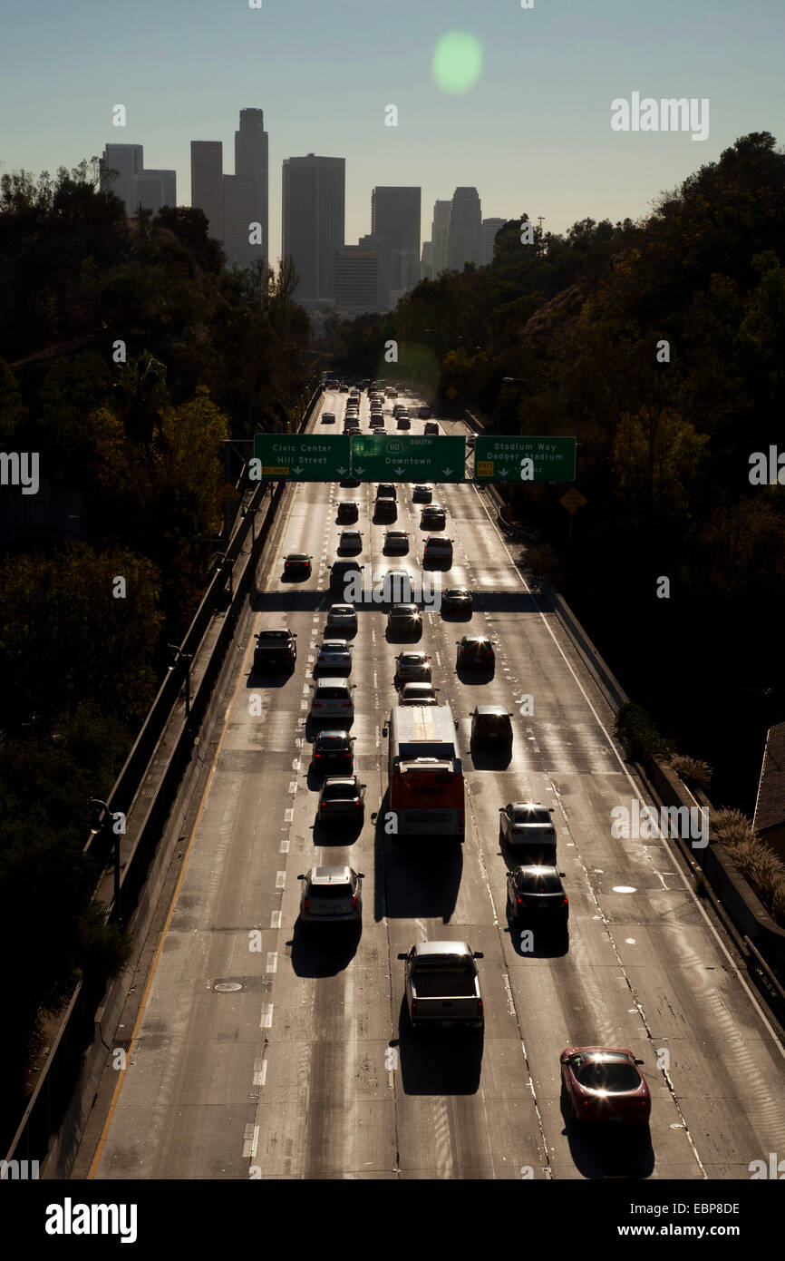 The 110 Freeway and the skyline, Los Angeles, California, United States ...