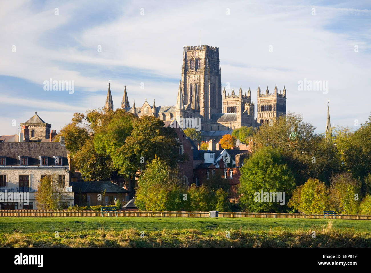 Durham, County Durham, England. View across meadows to Durham Cathedral ...