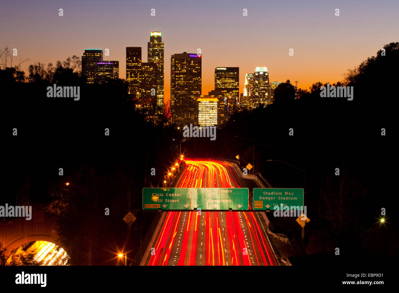 The 110 Freeway and the skyline, Los Angeles, California, United States ...