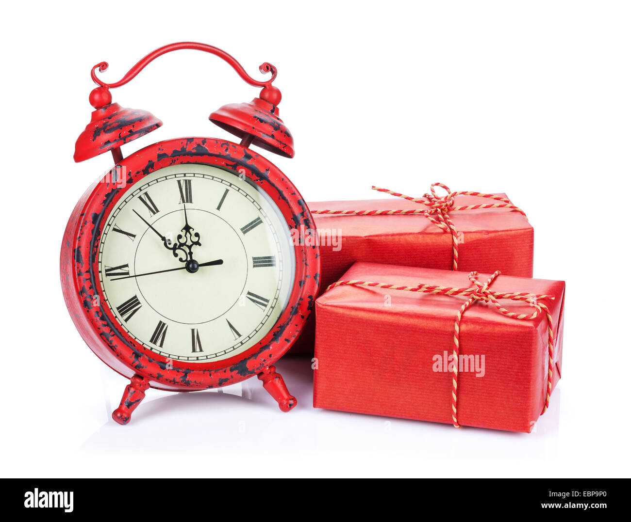 Christmas clock and two gift boxes. Isolated on white background Stock ...