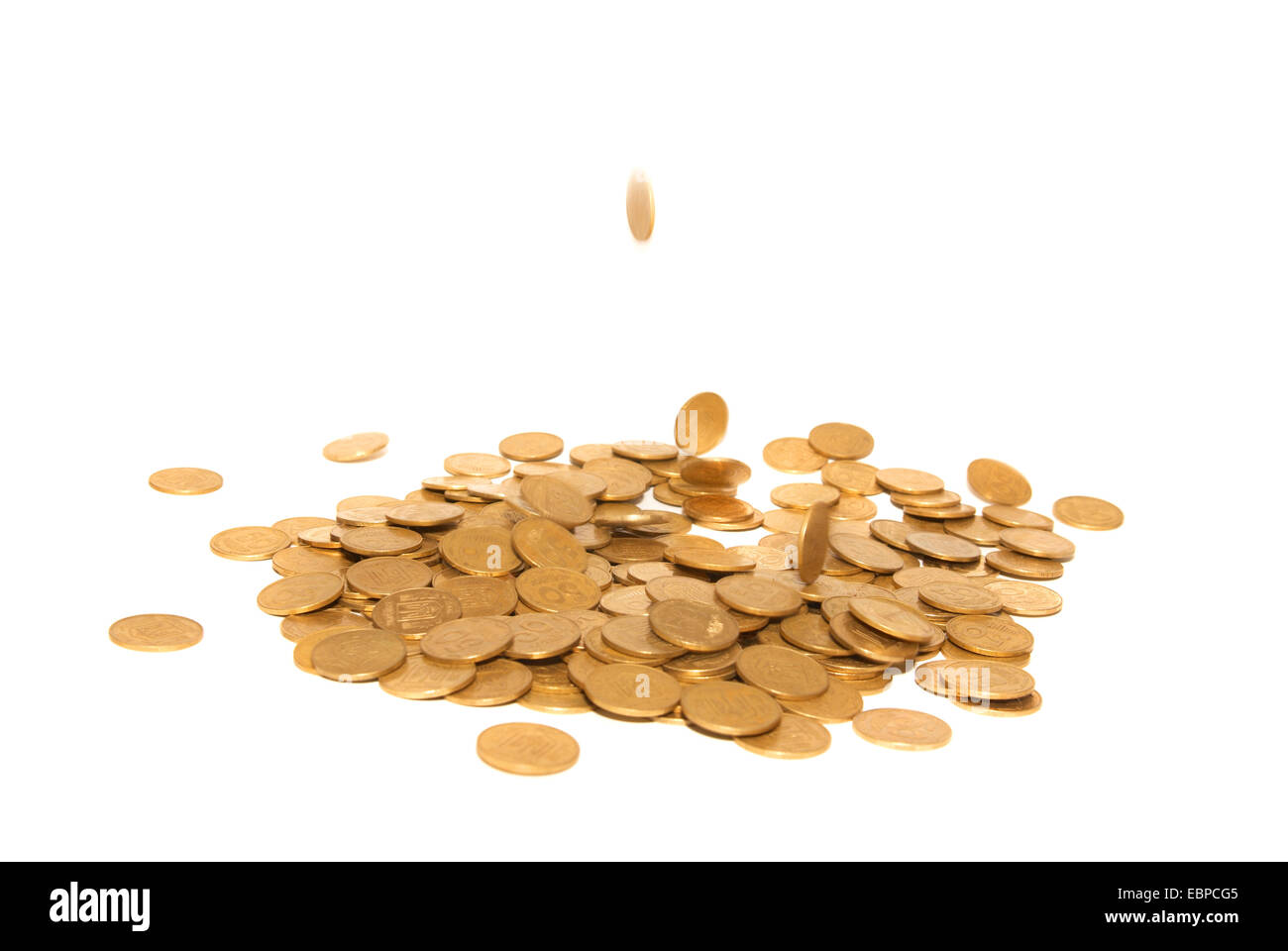 Rain of golden coins isolated on white Stock Photo - Alamy