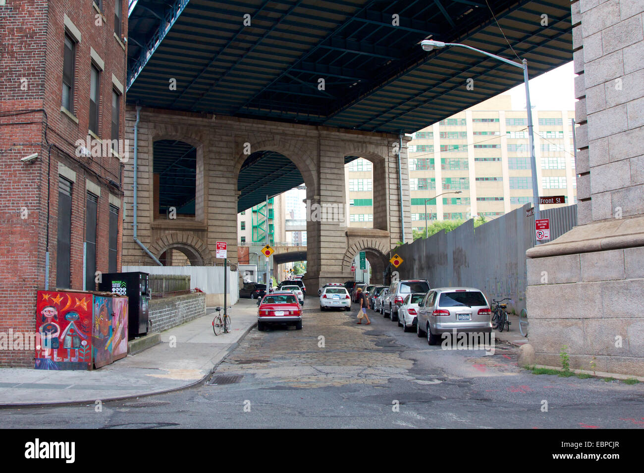 Street under the Manhattan Bridge overpass in the DUMBO area of ...