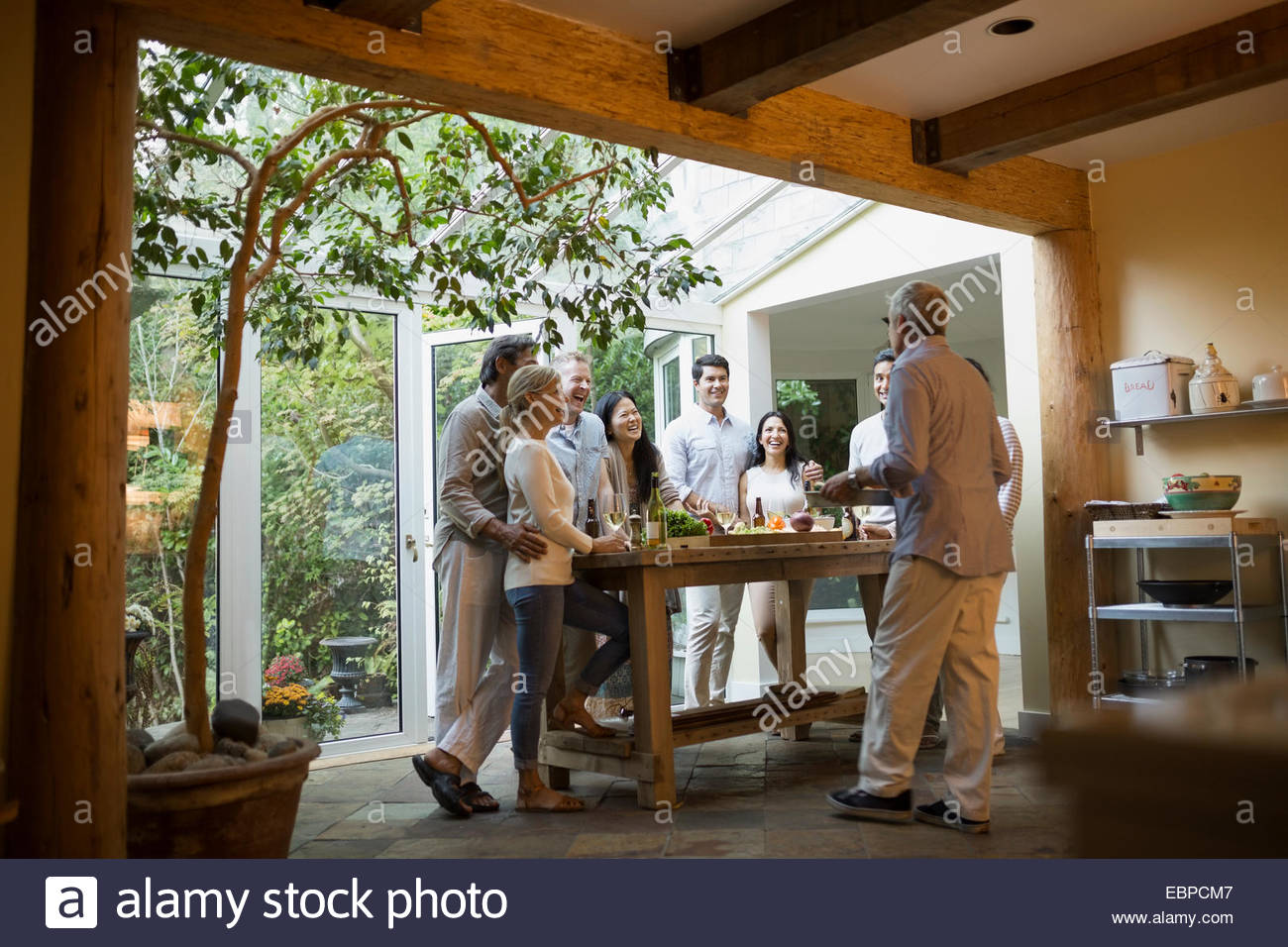 Friends talking in kitchen Stock Photo - Alamy
