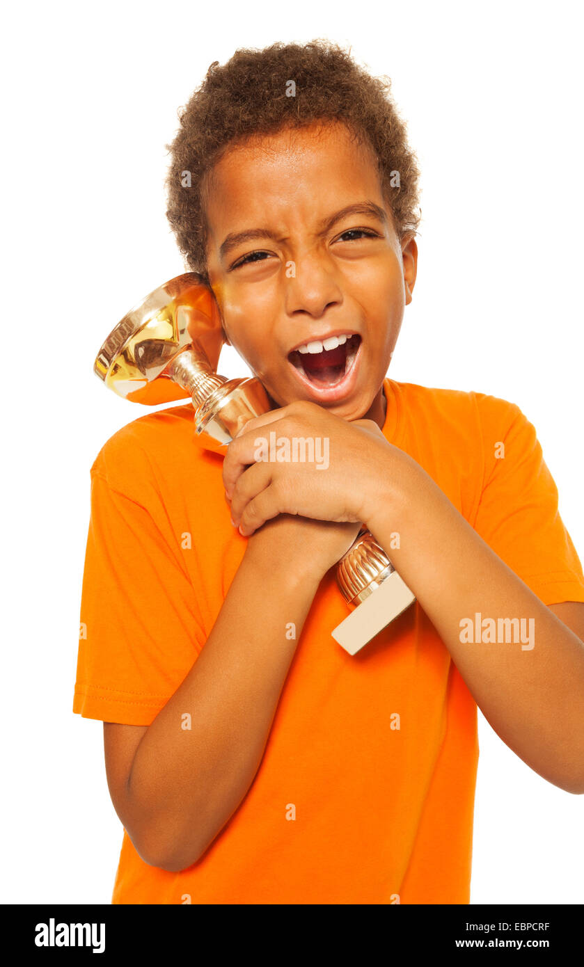 Extreme positive emotion on boy winner in sport Stock Photo - Alamy