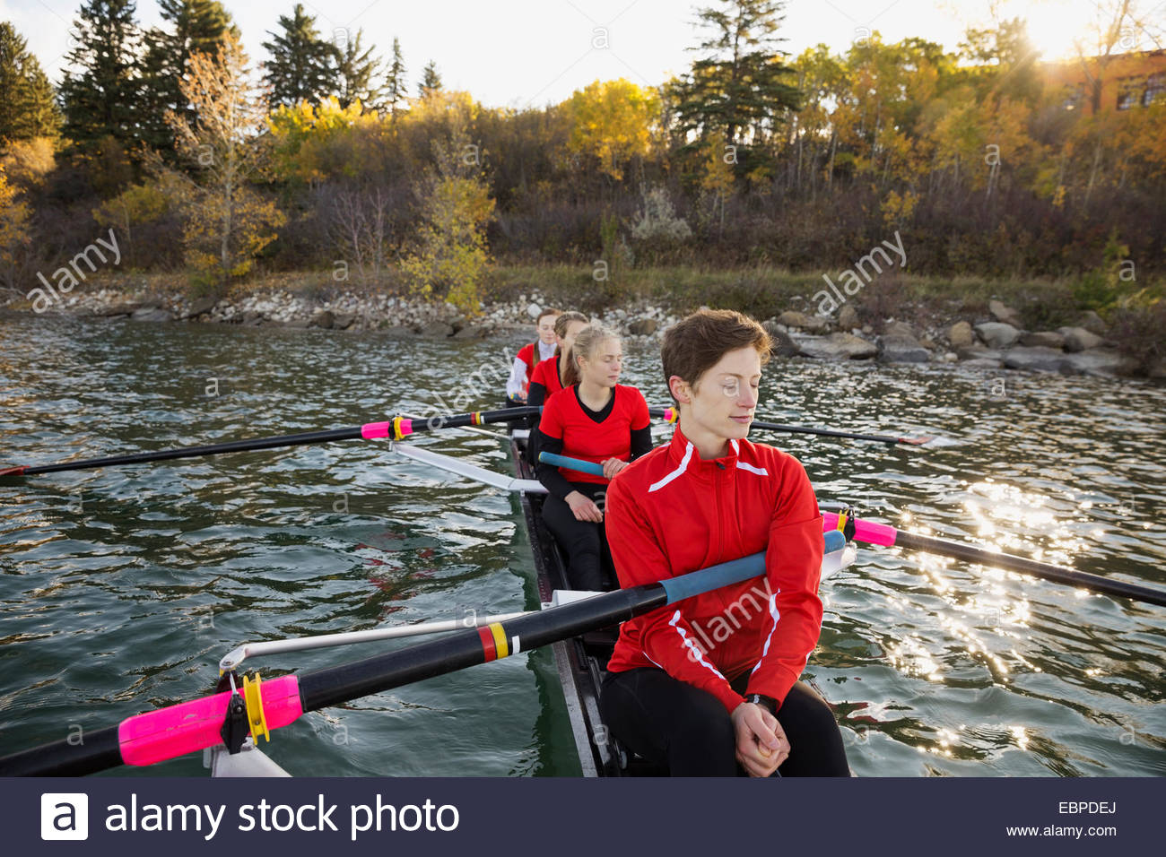Rowing team resting in scull on river Stock Photo - Alamy