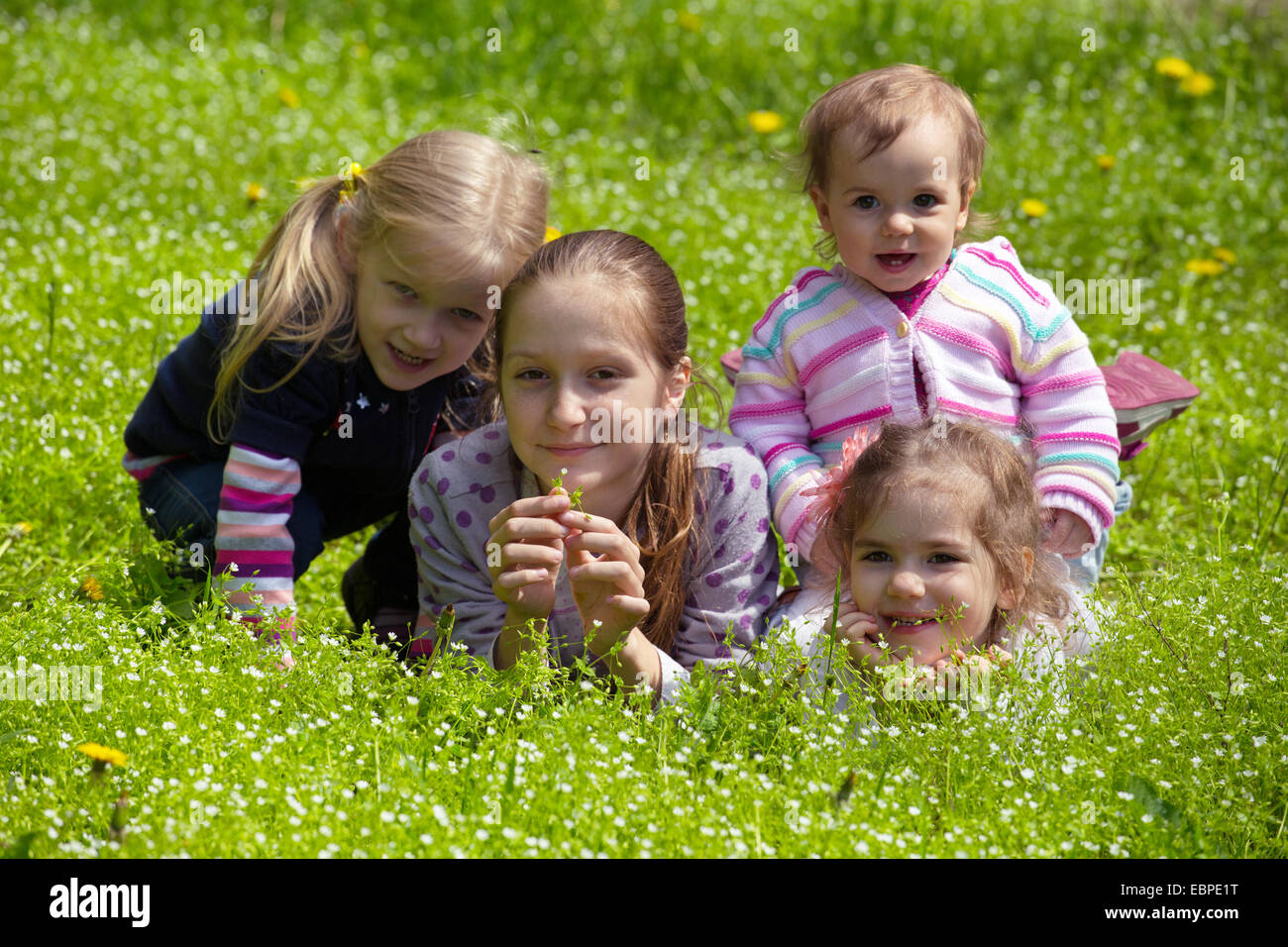 four girls lying on grass outdoors Stock Photo - Alamy