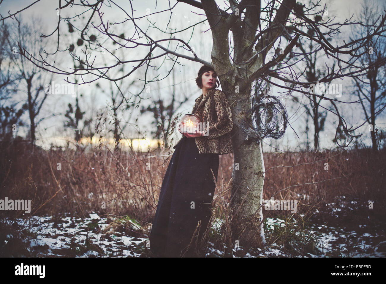 A woman standing against tree holding light in forest Stock Photo - Alamy