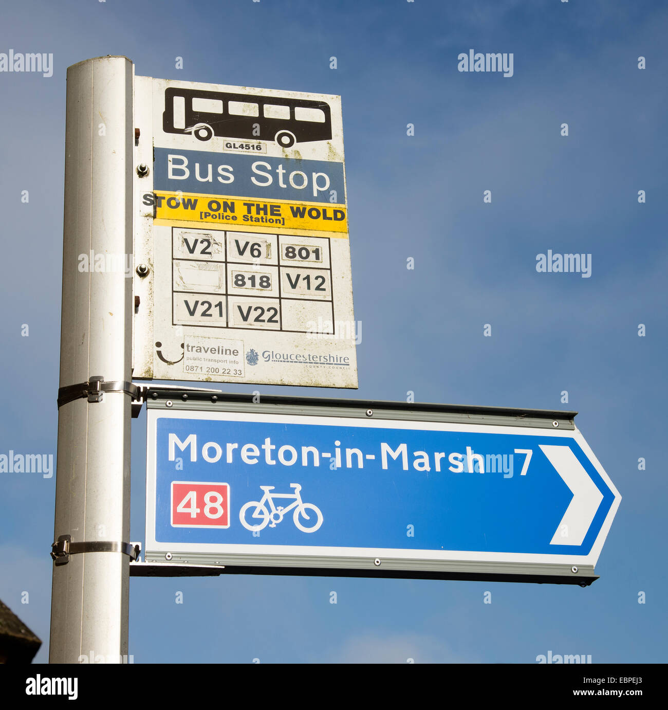 Bus Stop and signpost for cyclists in The Cotswolds area of ...