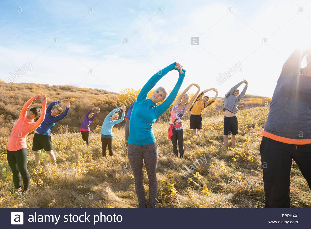 Group fitness stretching in sunny rural field Stock Photo - Alamy