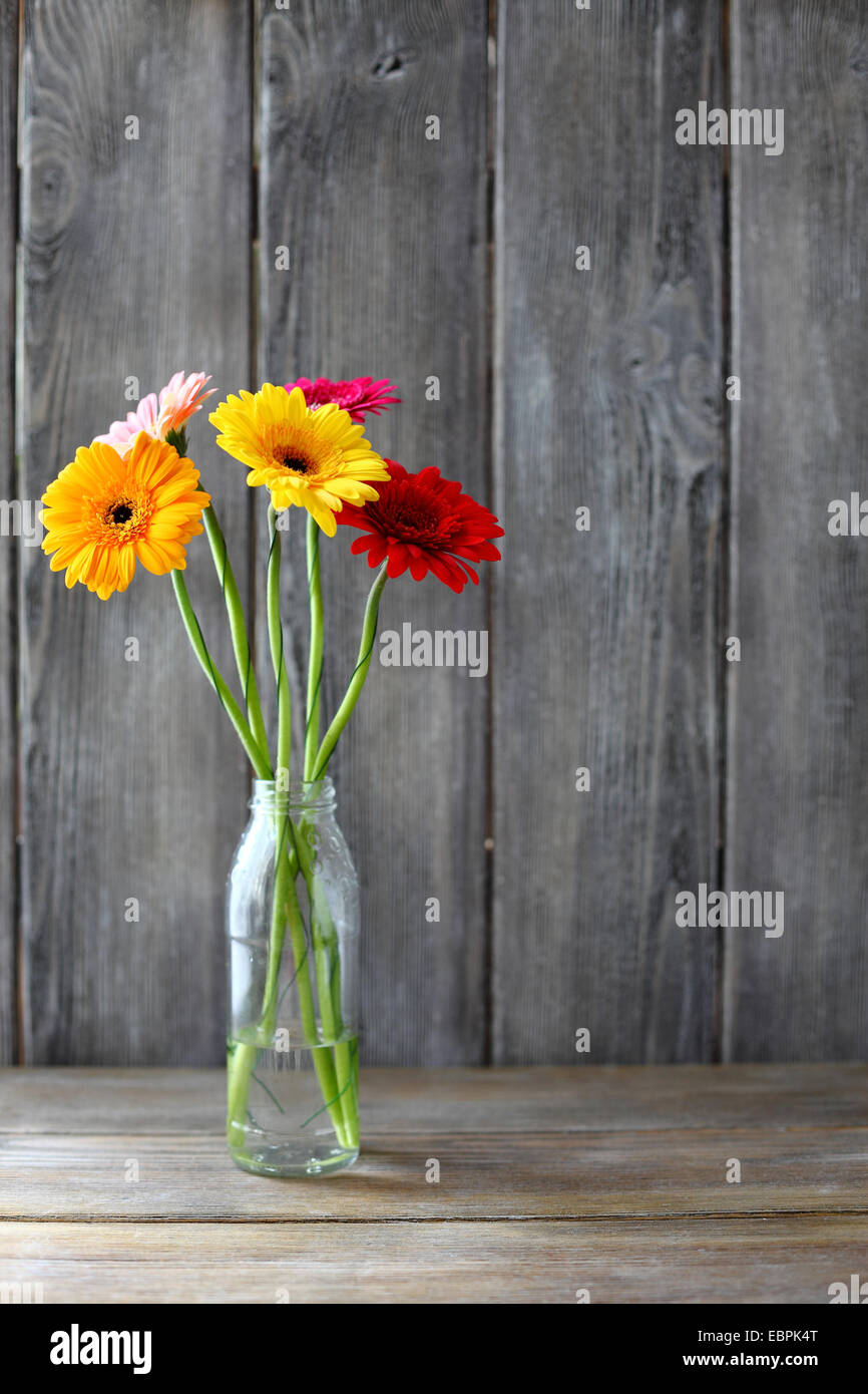 Bouquet of gerberas in a vase on boards Stock Photo - Alamy
