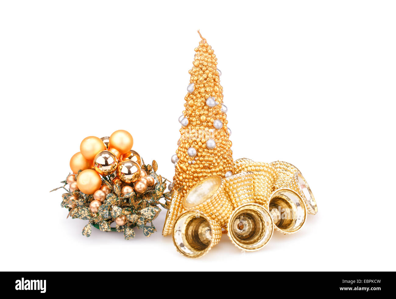 Christmas candle, bells and decoration isolated on white background ...