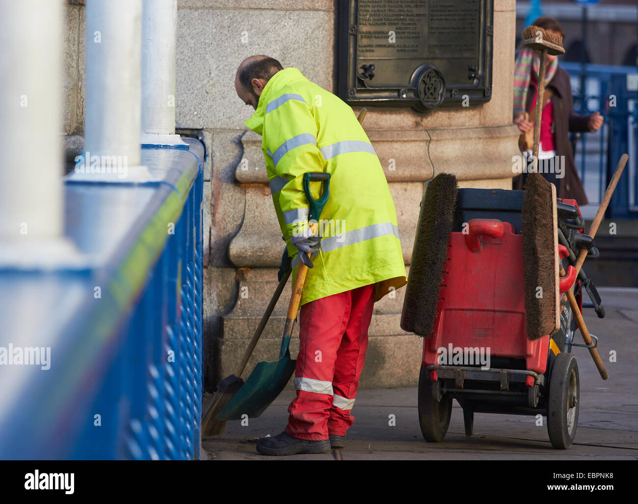 Worker sweeping rubbish on Tower Bridge London England Europe Stock ...