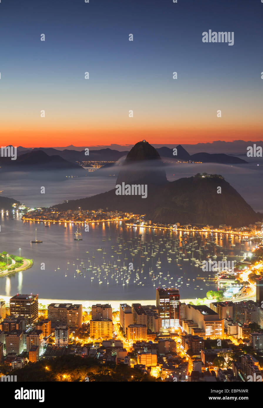 View of Sugarloaf Mountain and Botafogo Bay at dawn, Rio de Janeiro ...