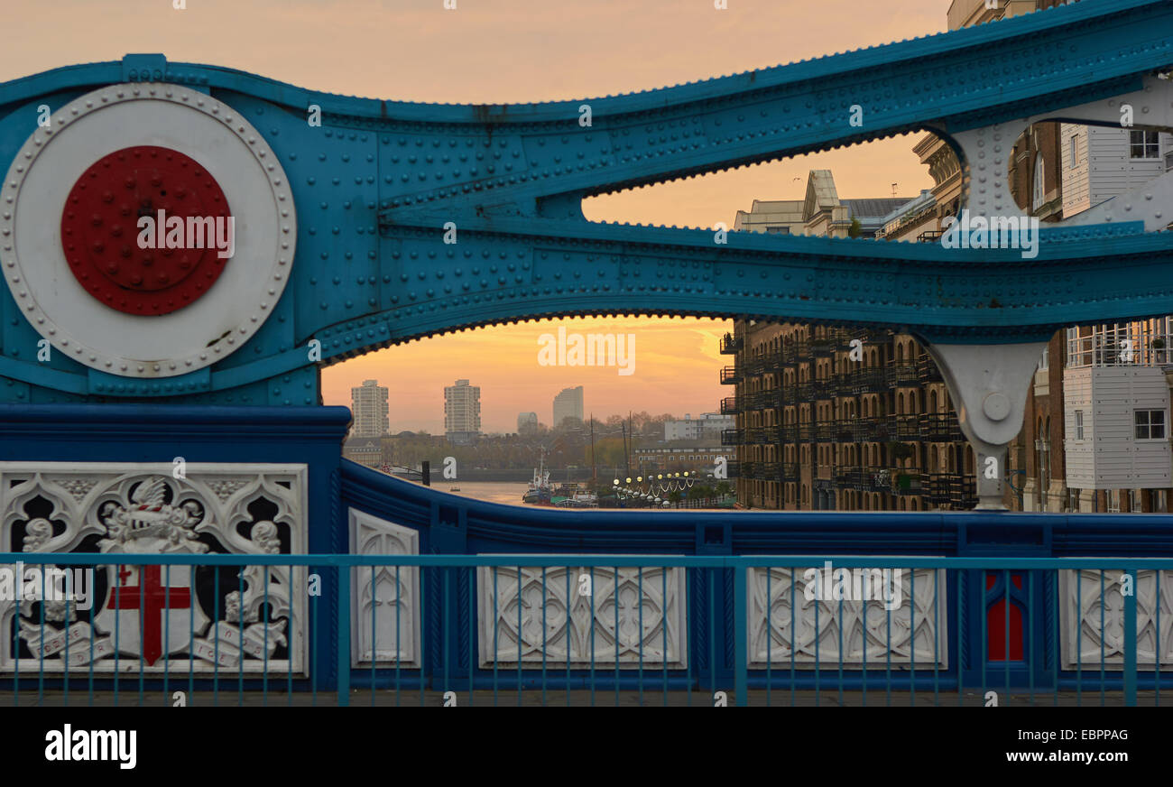 Thameside apartments and east London skyline at daybreak from grade 1 ...