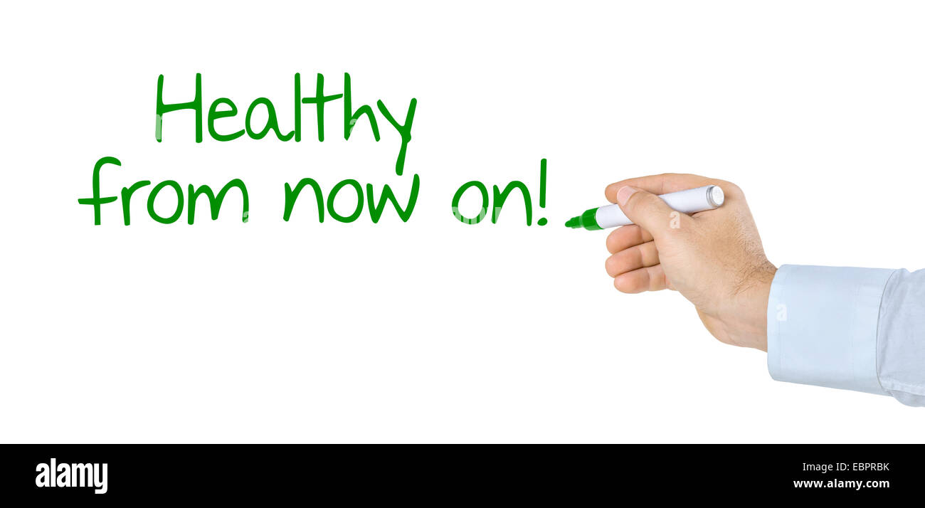 Hand with pen writing Healthy from now on Stock Photo - Alamy