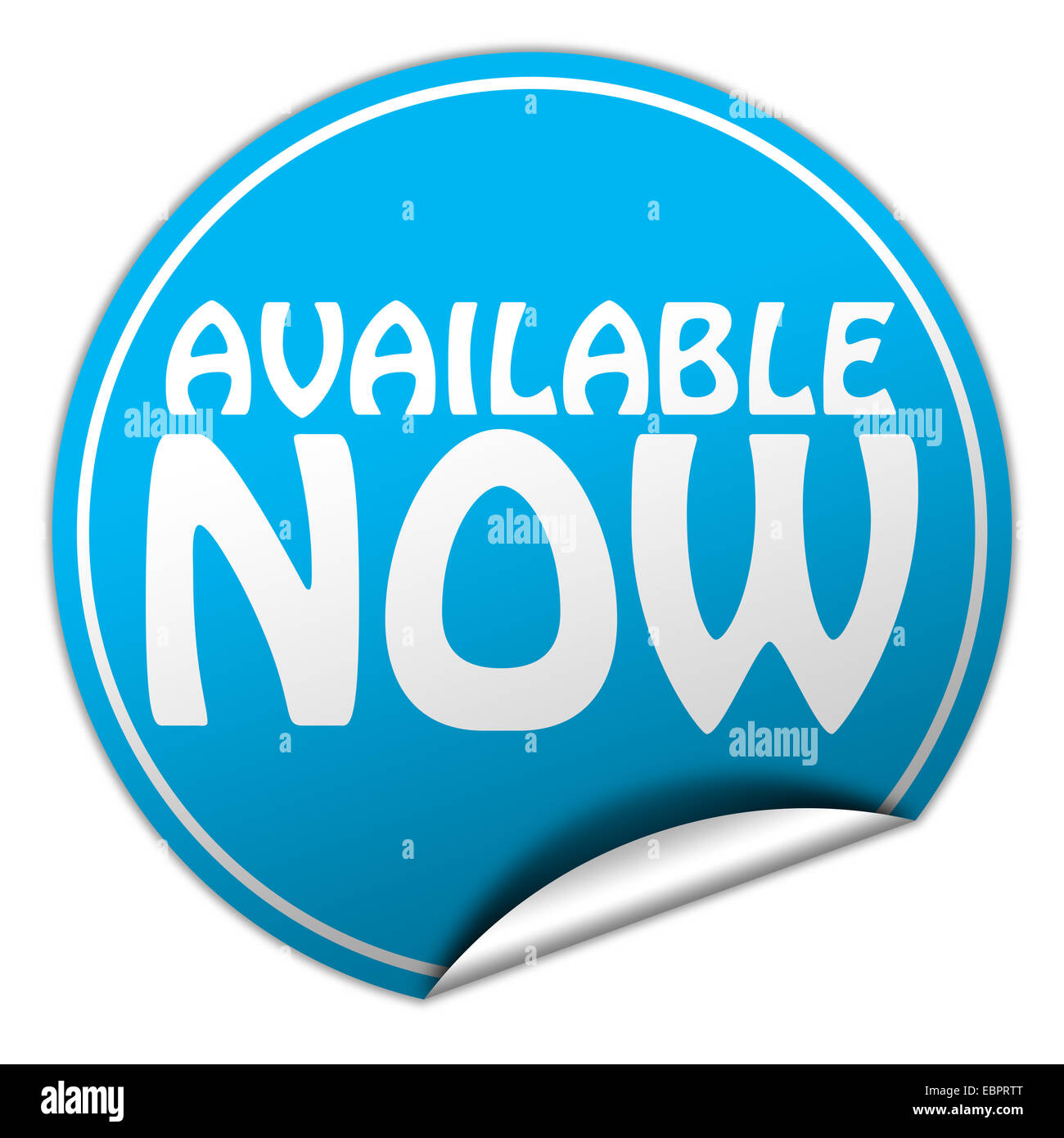 AVAILABLE NOW round blue sticker on white background Stock Photo - Alamy