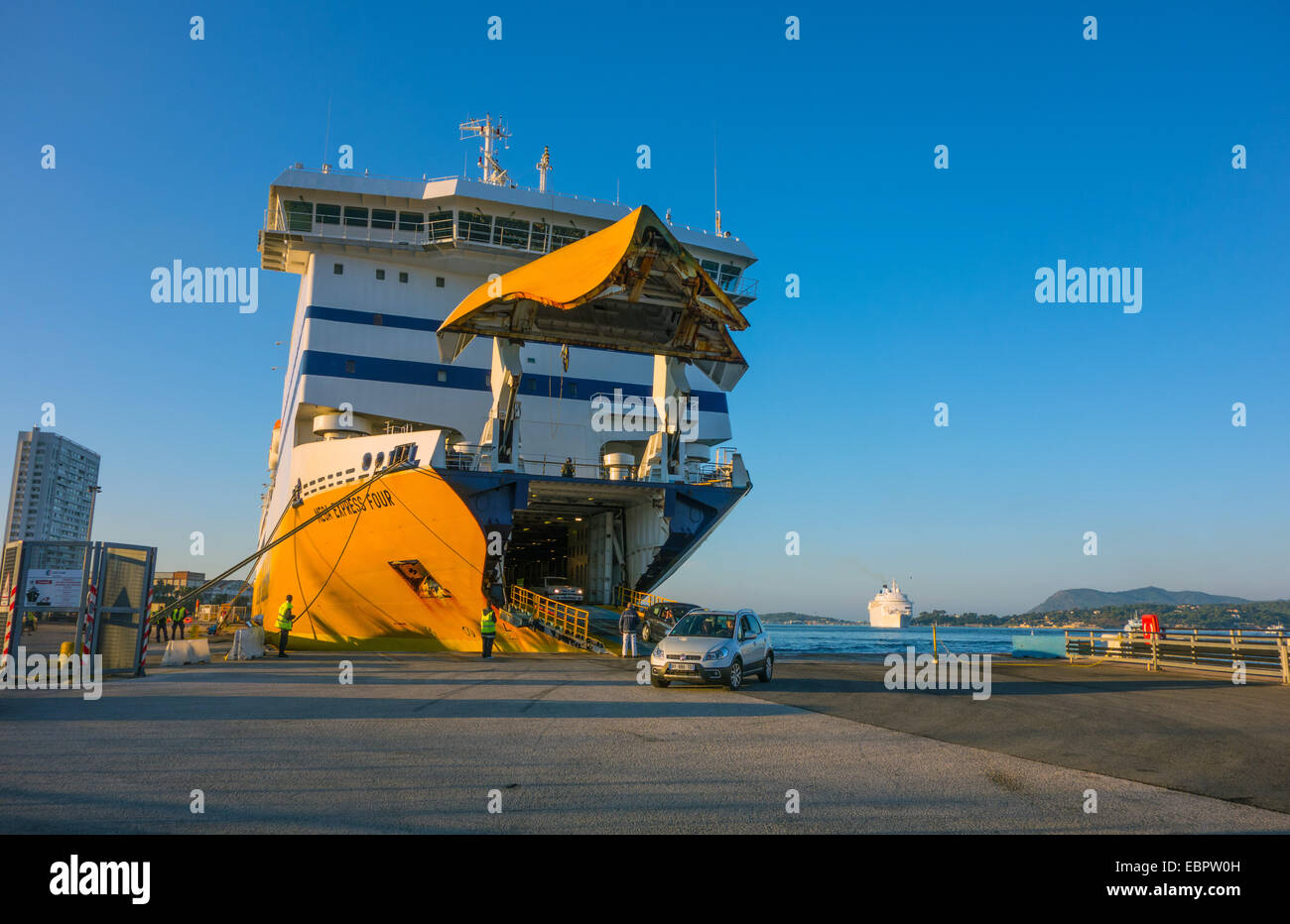 Yellow Roll-on Roll-off Ro Ro Ferry with bow lifted, Toulon, France ...