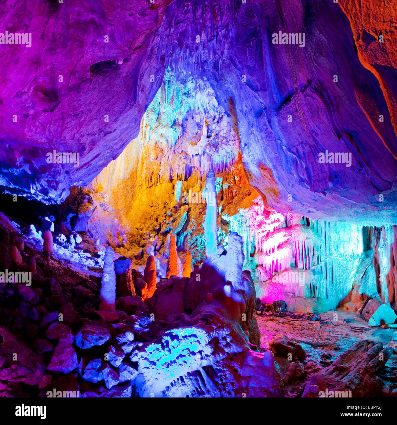 illuminated dripstone cave, Germany, North Rhine-Westphalia, Sauerland ...