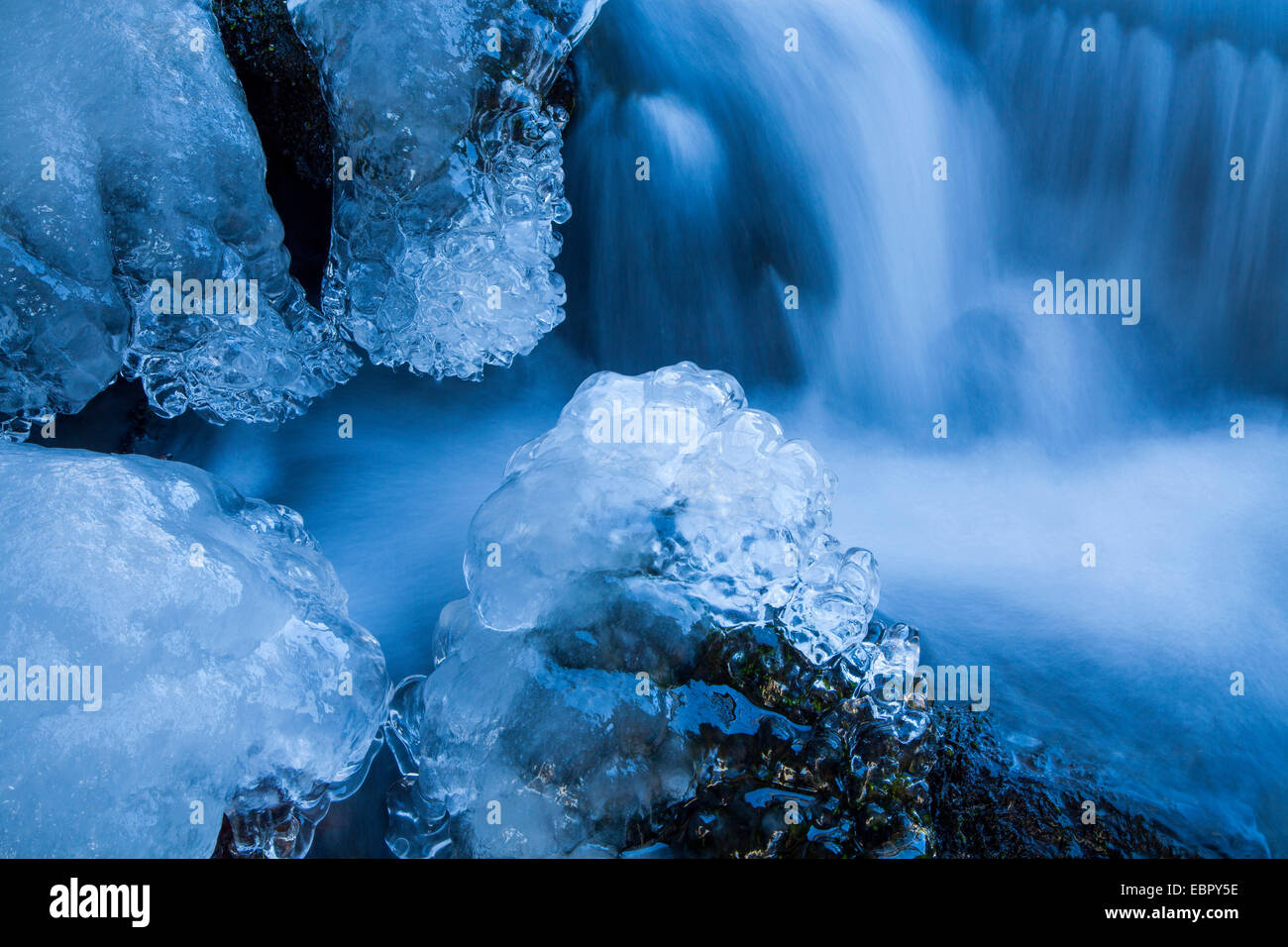 frozen running water in winter, Germany, Rhineland-Palatinate ...