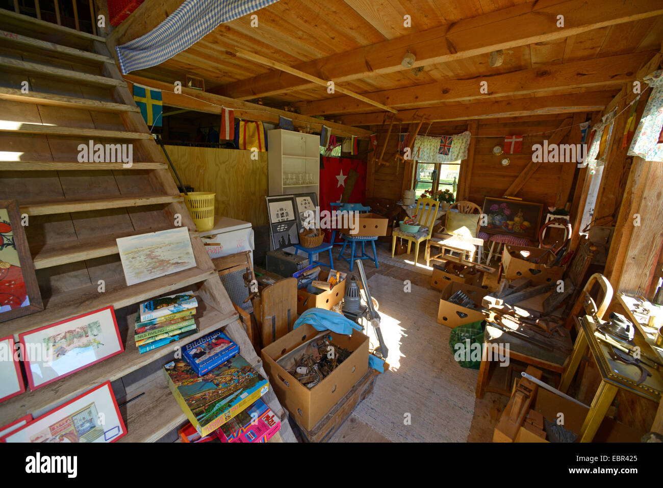 traditional Swedish Loppis fleamarket in an old barn, Sweden, Gotland ...