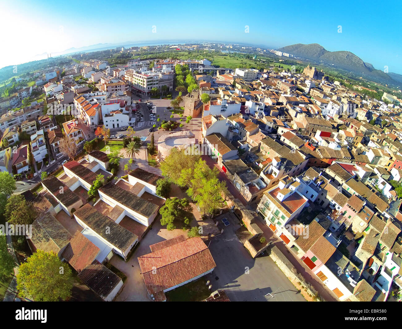 aerial view to the old city, Atalaya de Alcudia in background, Spain ...
