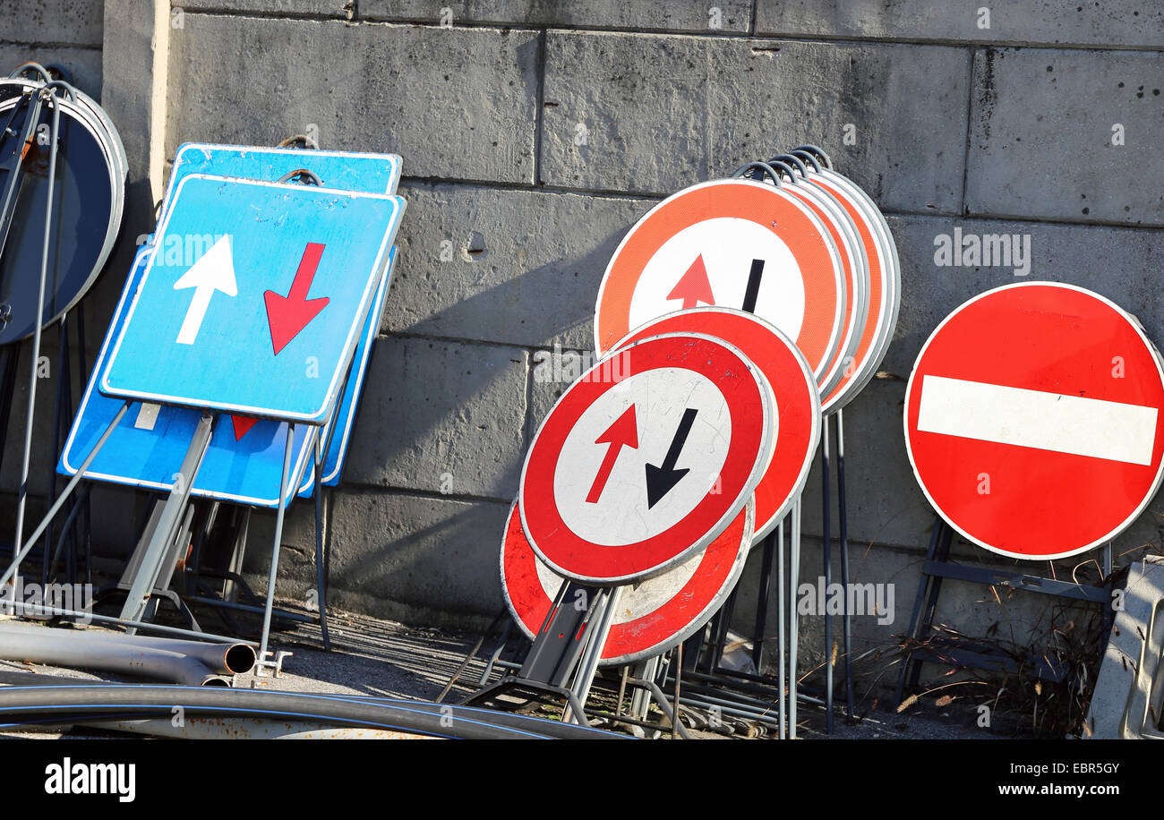 bunch of road signs in a warehouse of construction company Stock Photo ...