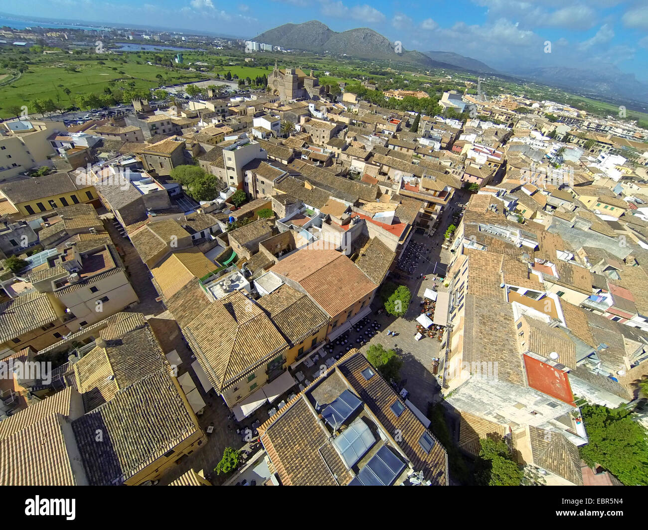aerial view to the old city, Atalaya de Alcudia in background, Spain ...