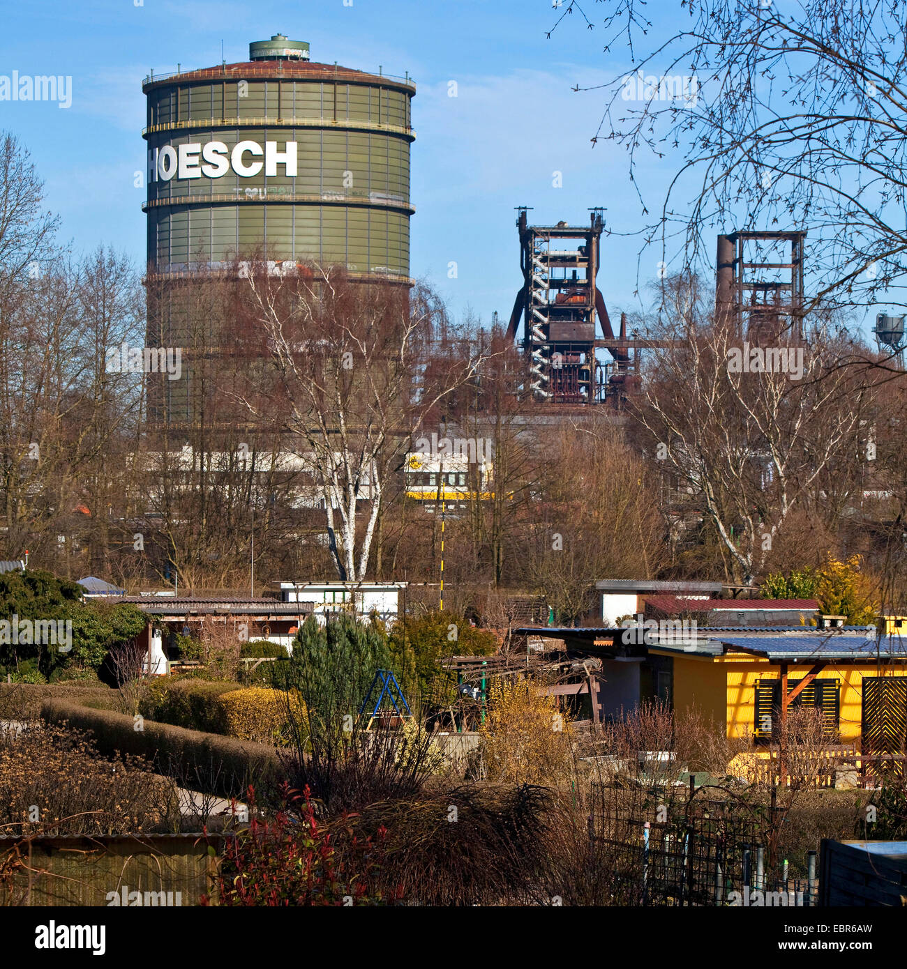 allotment gardens in front of Gasometer and blast furnace Phoenix West ...