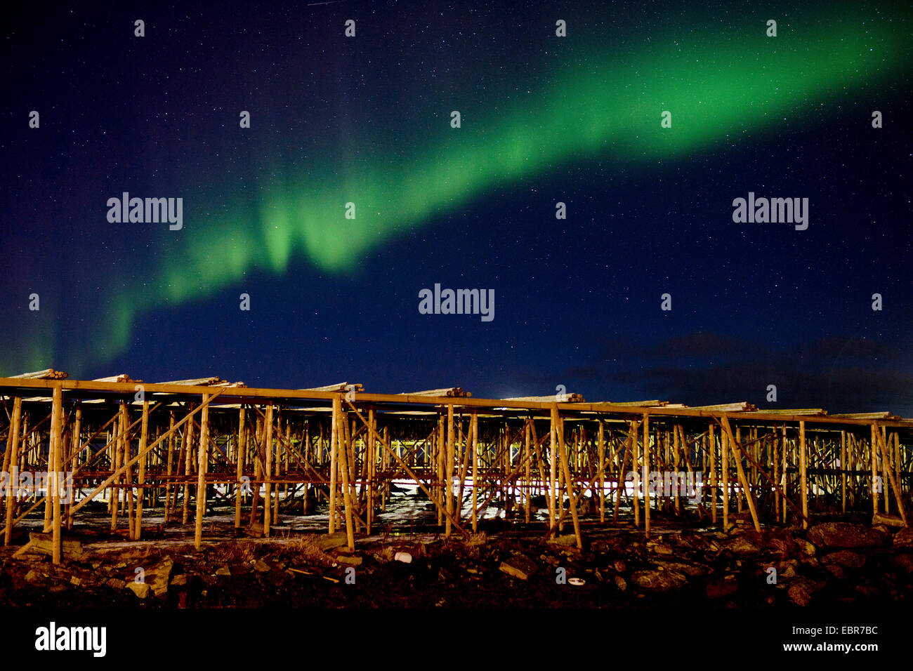 polar light and wooden racks, Norway, Lofoten Islands Stock Photo - Alamy