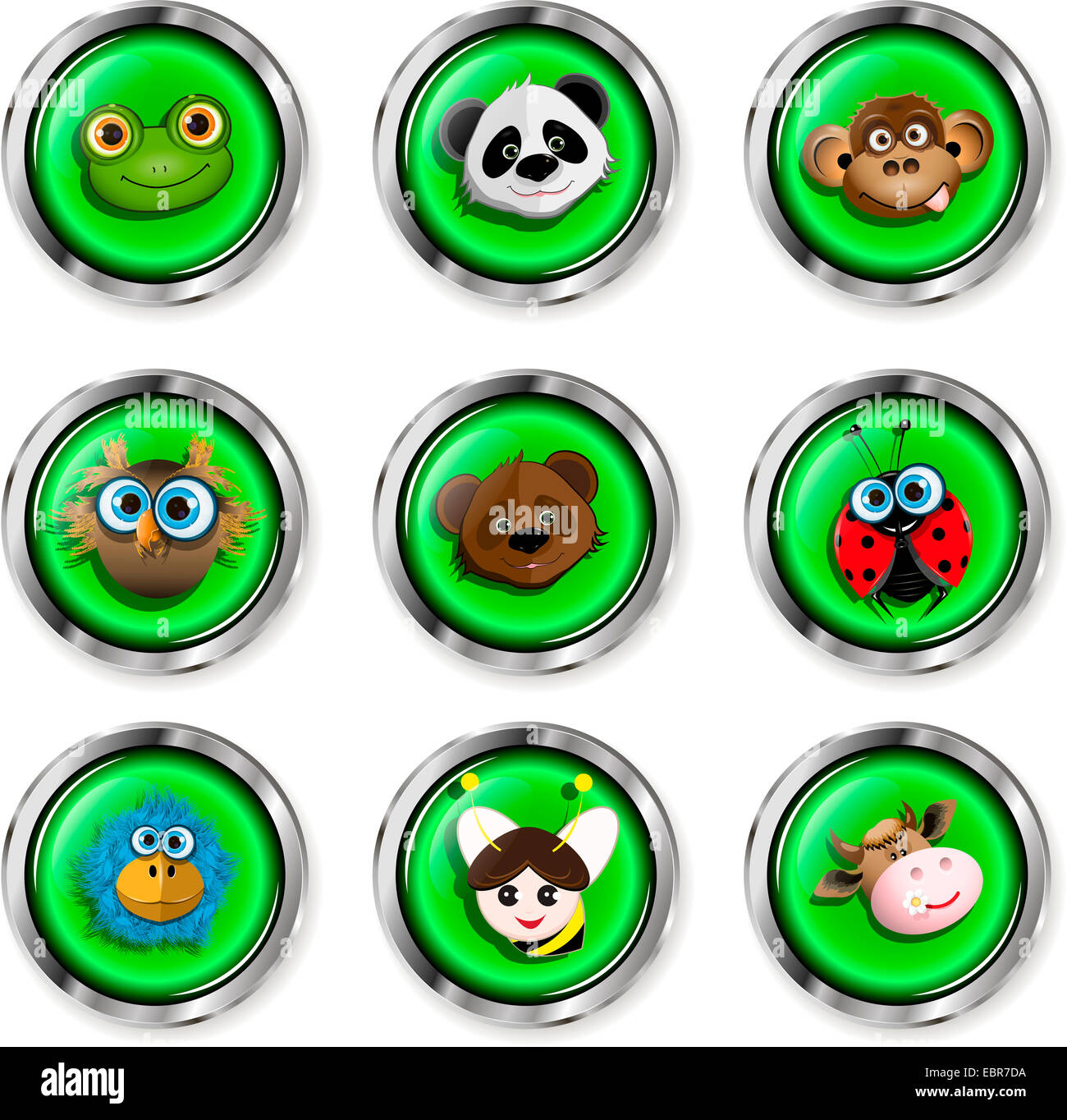 Illustration, nine buttons with cartoon animal icons Stock Photo - Alamy
