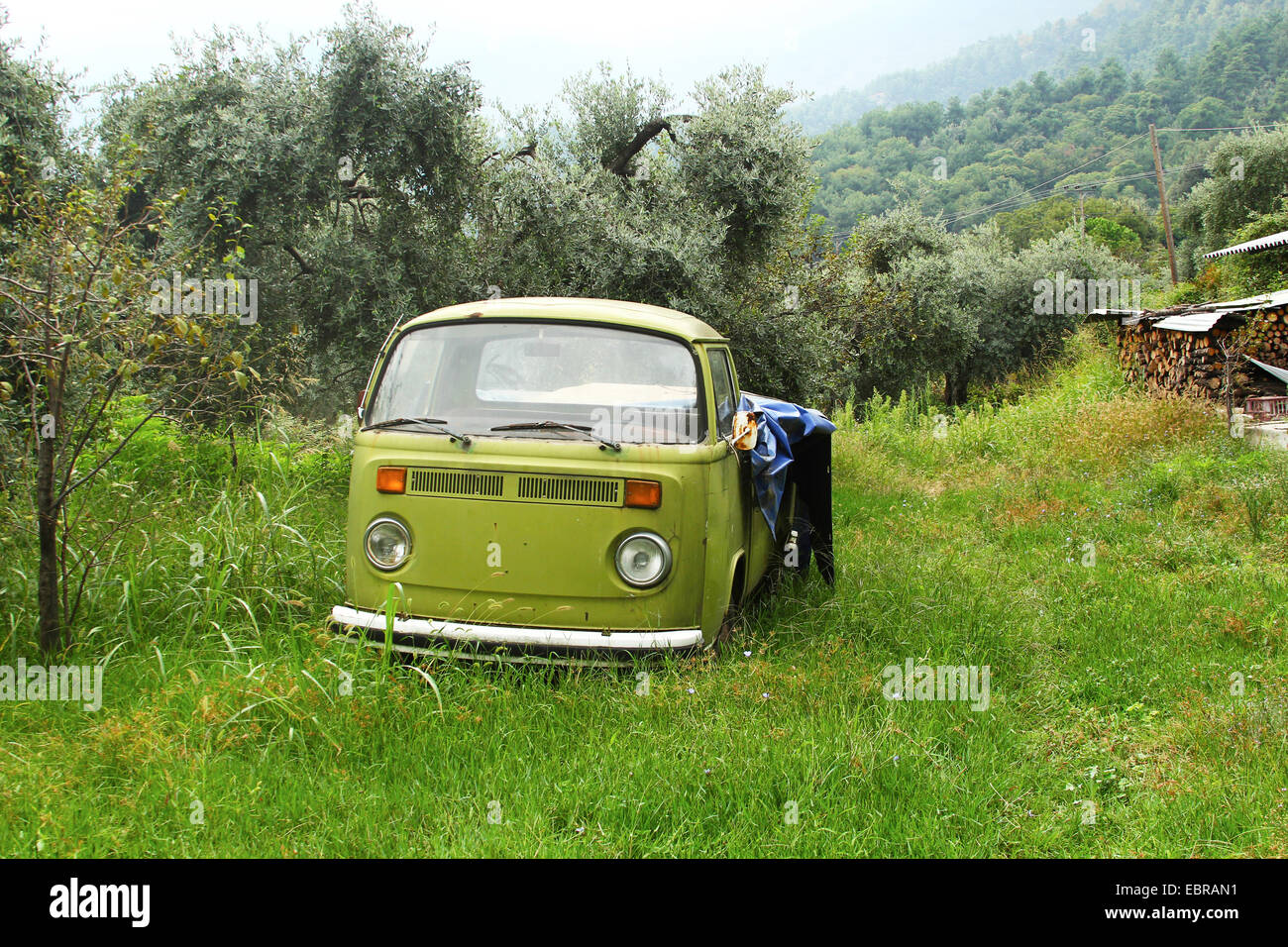 old hippie minivan in field Stock Photo - Alamy