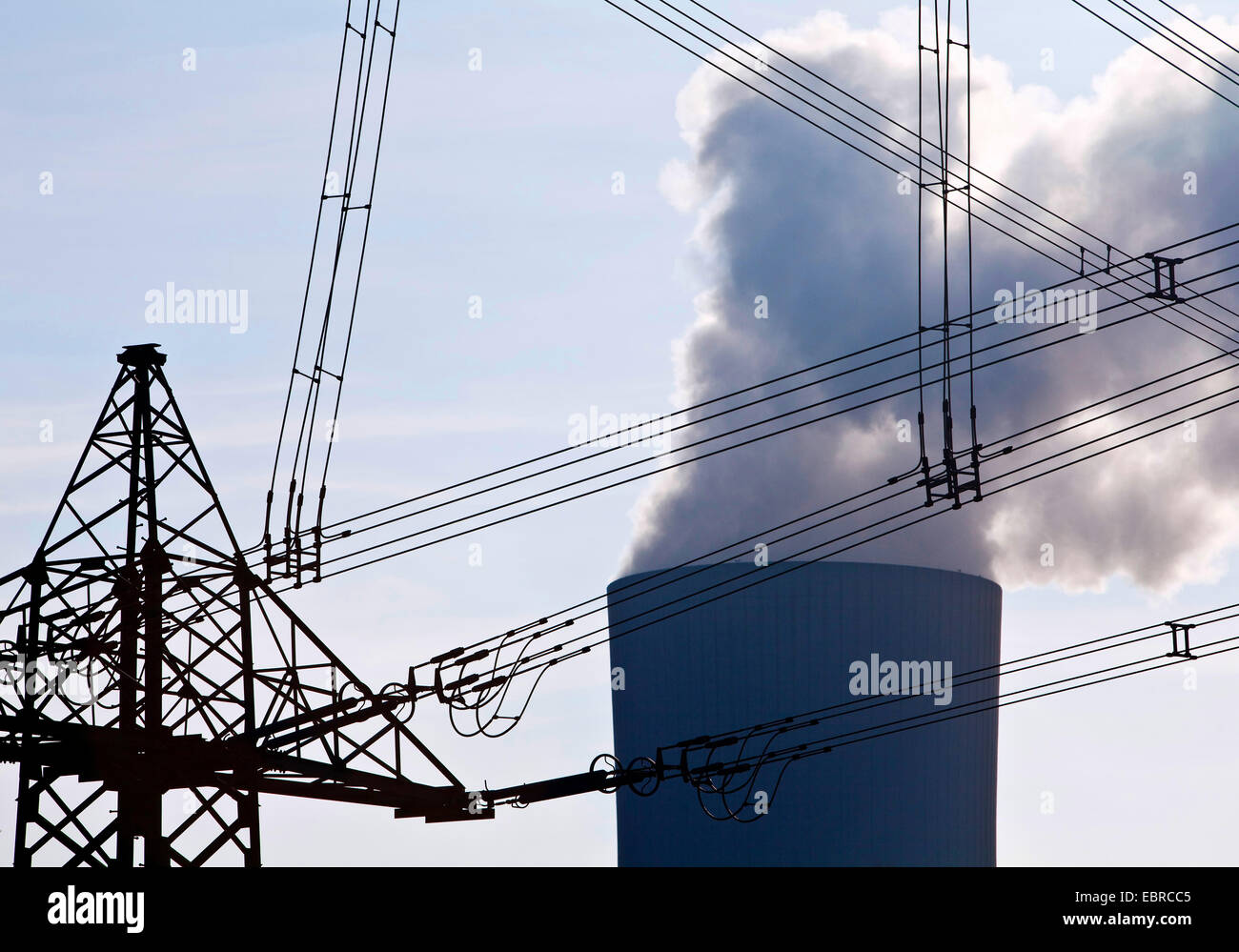 power pole with high voltage power lines and industry, Germany, North ...