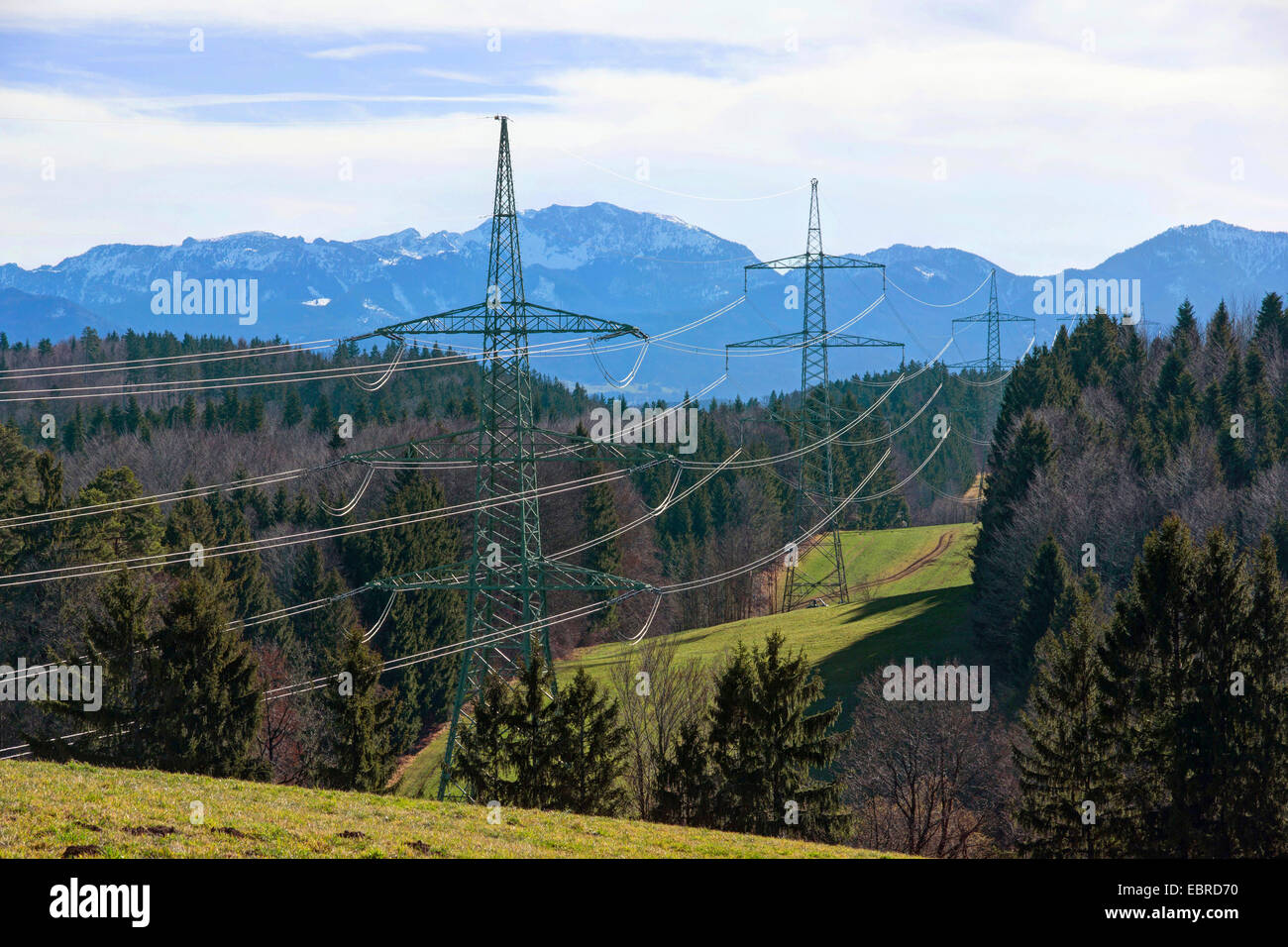 power line in mountain scenery, Herzogstand and Benediktenwand in ...