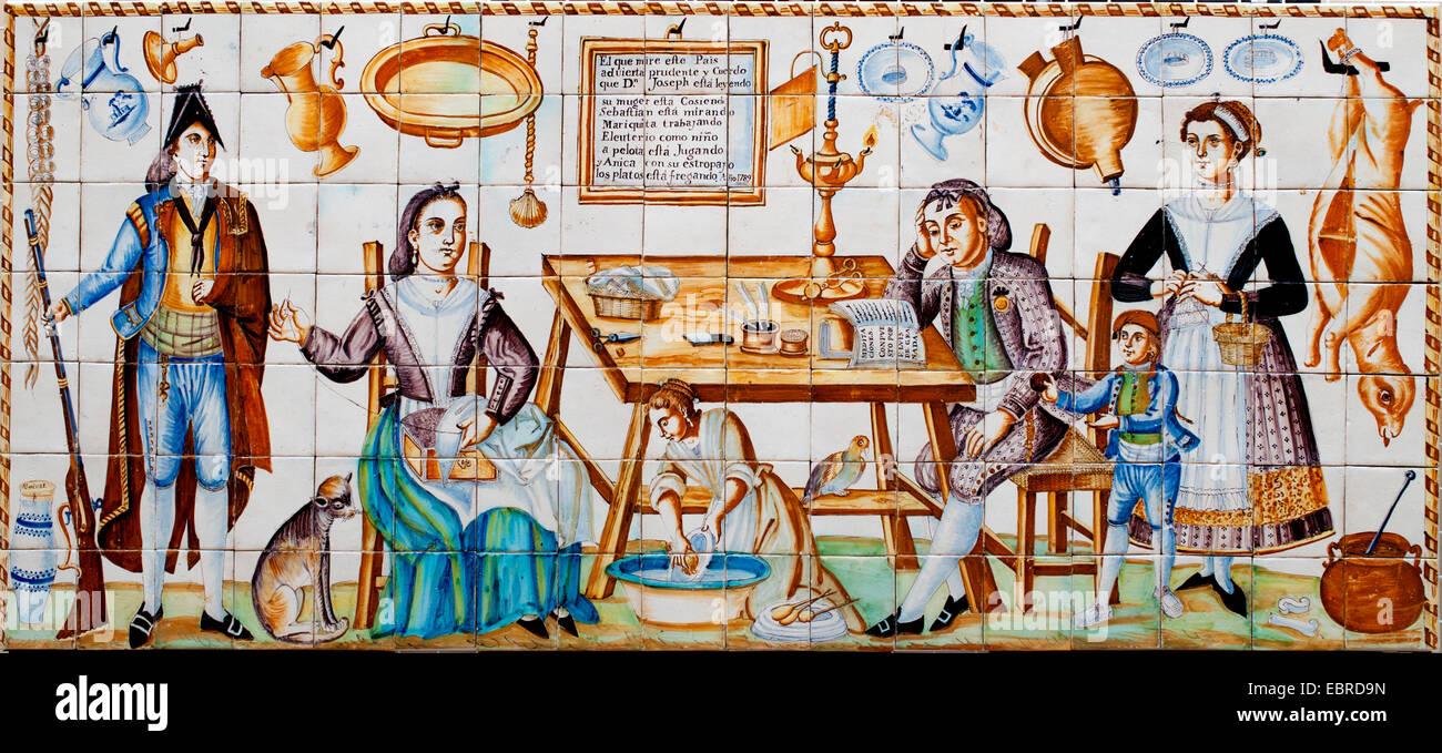Tile panel Kitchen Polychrome pottery Valencia 1788 Spain Spanish Stock ...