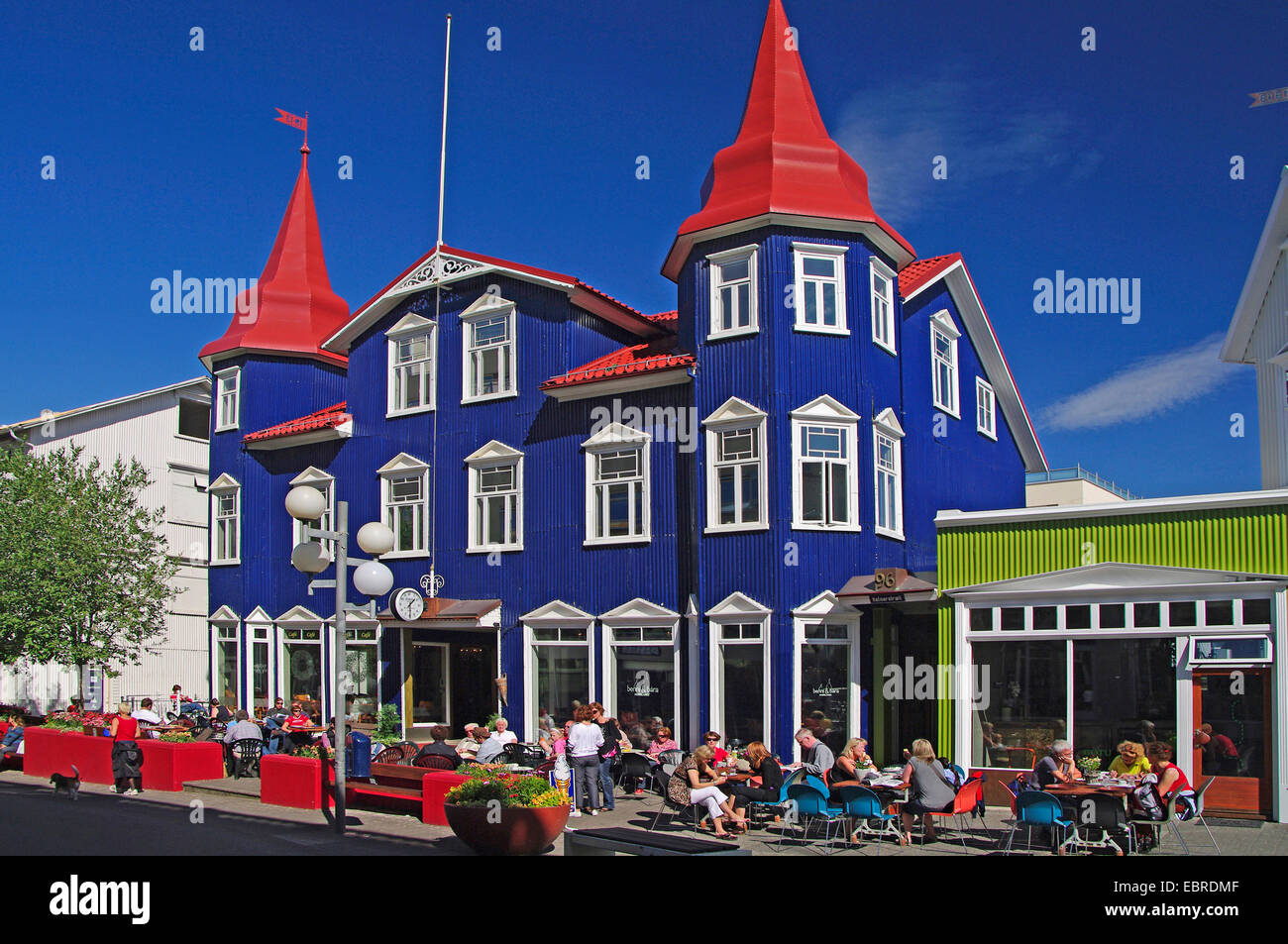 blue wooden house in the centre, Iceland, Akureyri Stock Photo - Alamy
