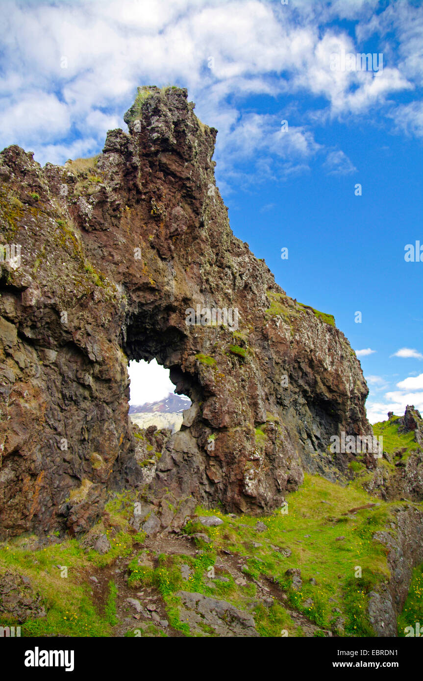 rock window with view of Snaefellsjoekull glacier, Iceland, Dritvik ...