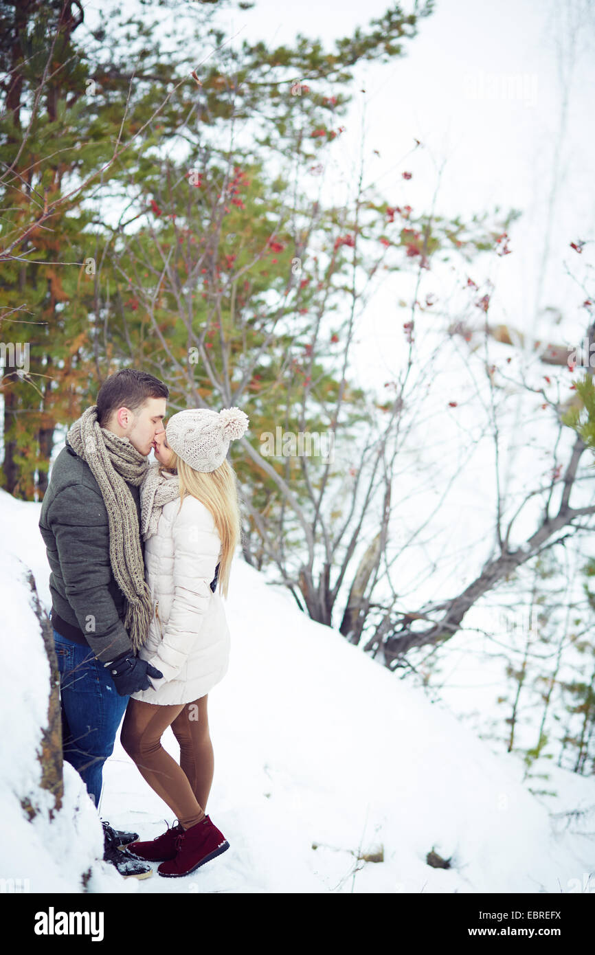 Young amorous couple kissing in winter forest Stock Photo - Alamy