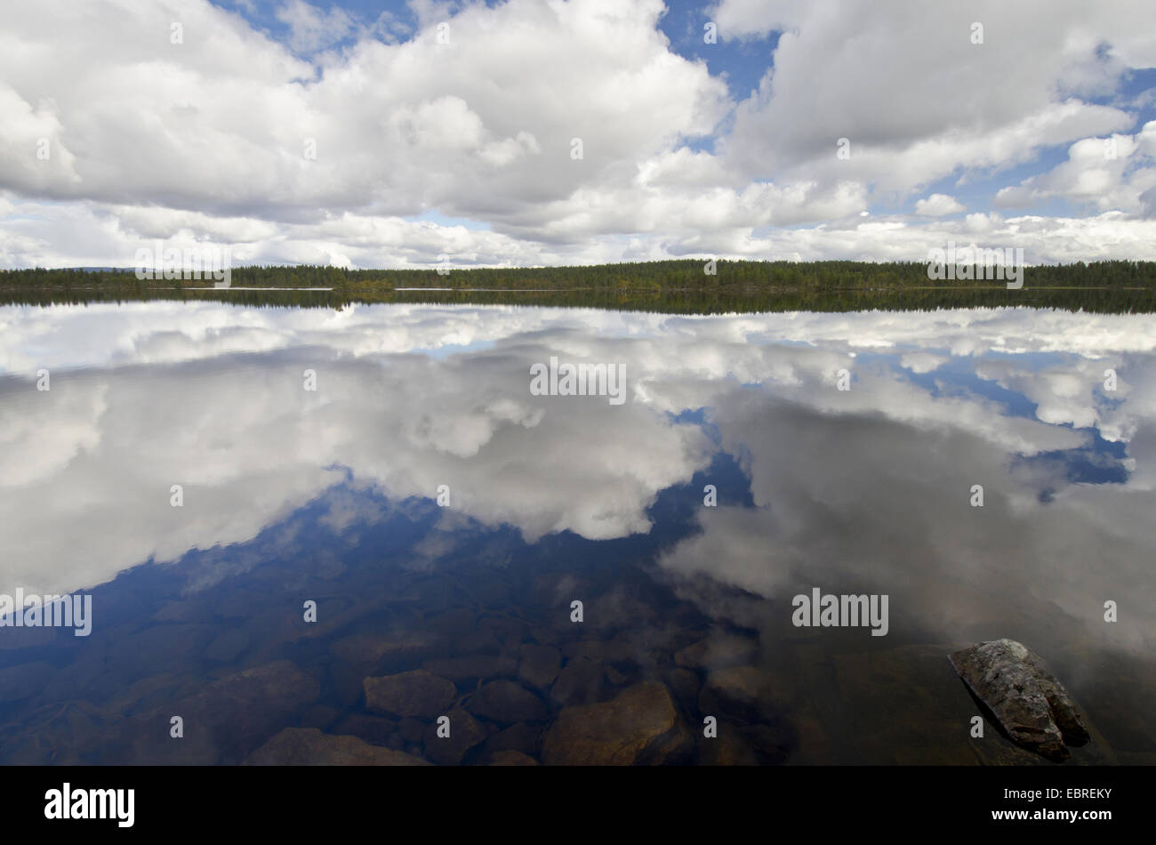 clouds mirroring in a lake, Sweden, Haerjedalen, Naturreservat Rogen ...