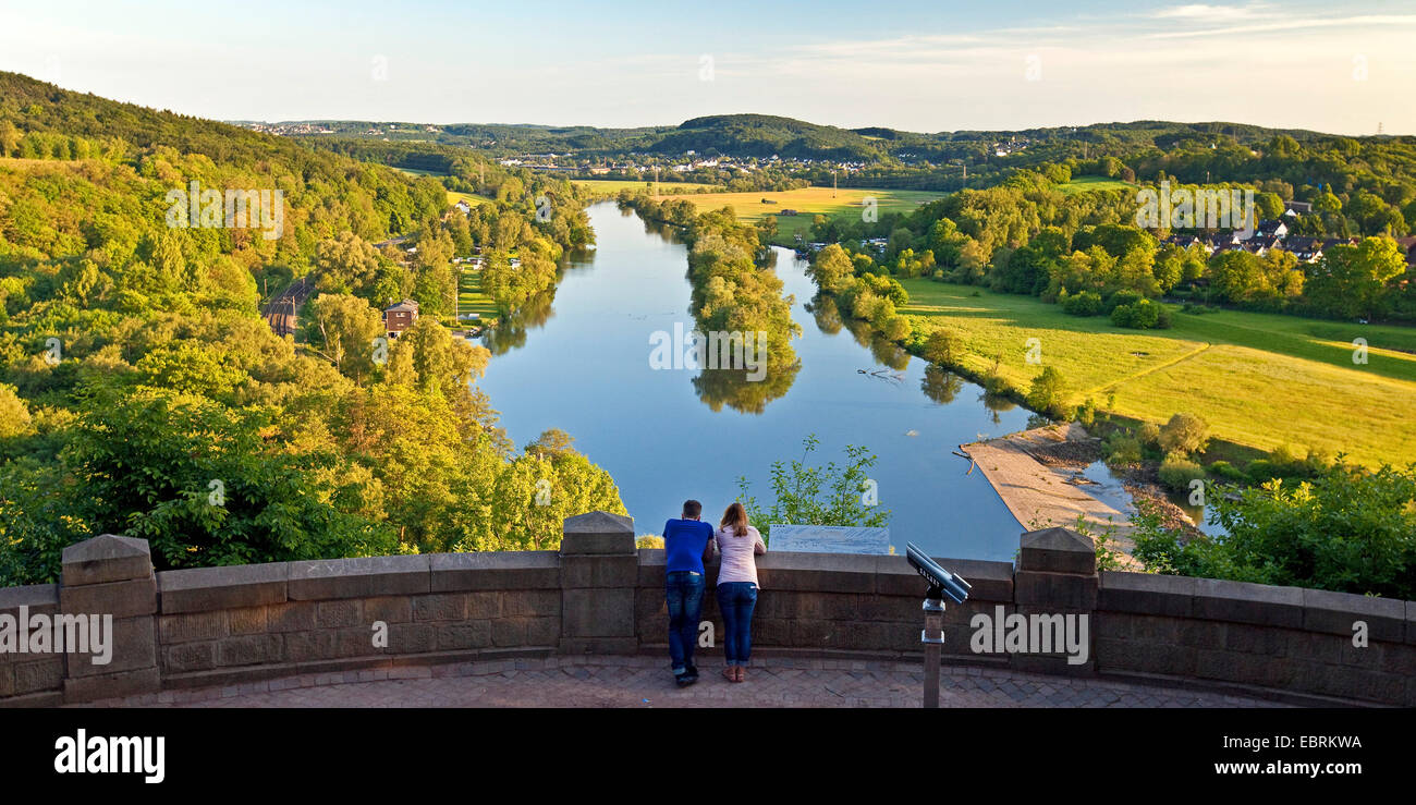 couple viewing from Hohenstein to Ruhr river and Ruhr valley, Germany ...