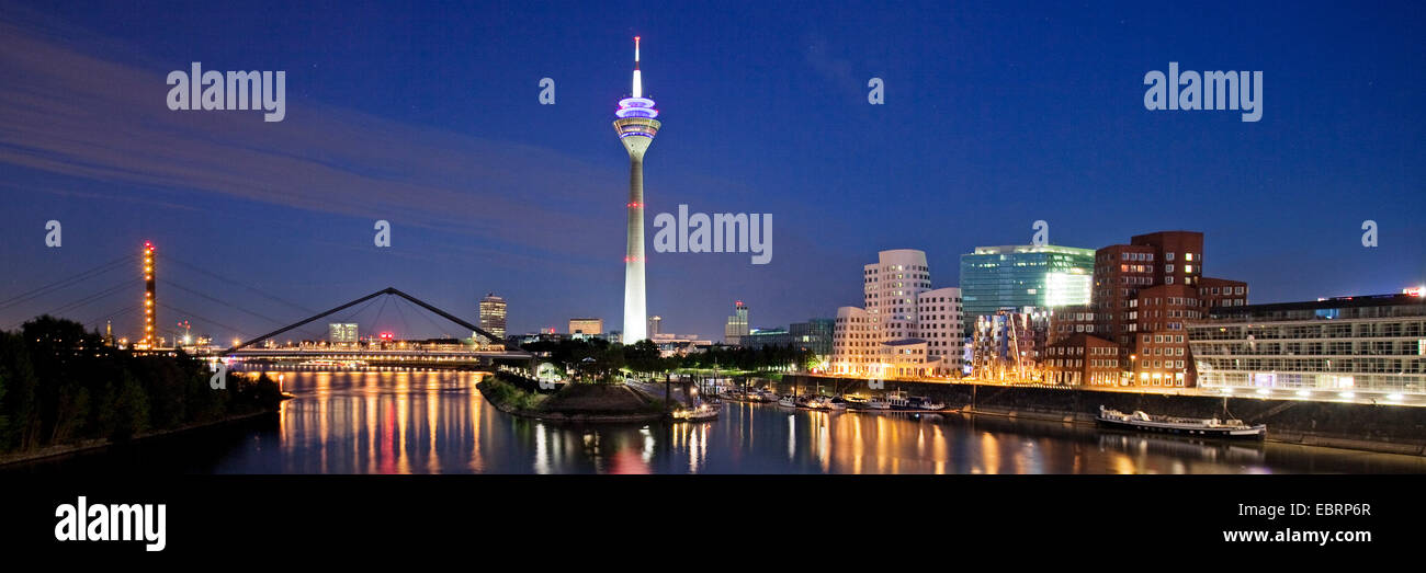 Rheinturm and media harbour at blue hour, Germany, North Rhine ...