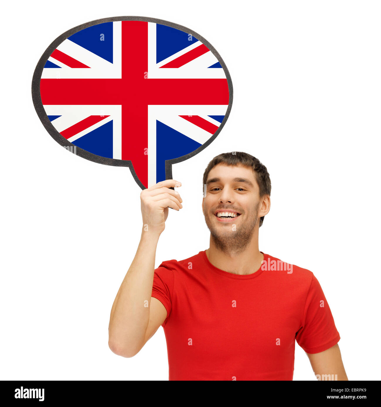smiling man with text bubble of british flag Stock Photo - Alamy
